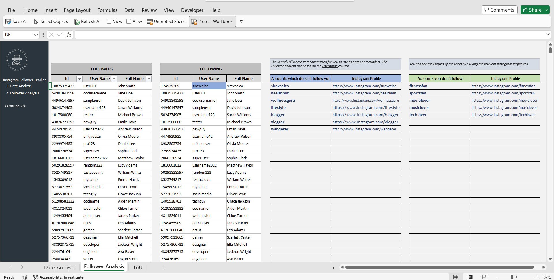 Instagram Profile Tracker Excel Template | Who Unfollowed You on ...