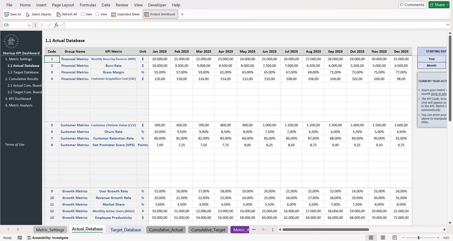 Startup KPI Dashboard Excel Template | Dynamic Monthly & Cumulative KPI ...