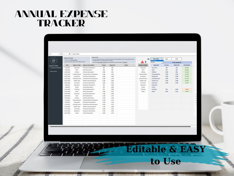 Annual Expense Tracker, Finance Budget Excel Template, Monthly ...