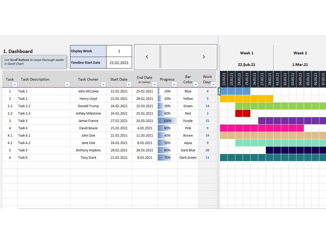Dynamic Gantt Chart Excel Template for Team Work Management Easy Database Entry & Tracking ...