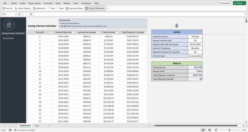 Dynamic Deposit Interest Calculator Excel Template | Easy-to-use Simple ...