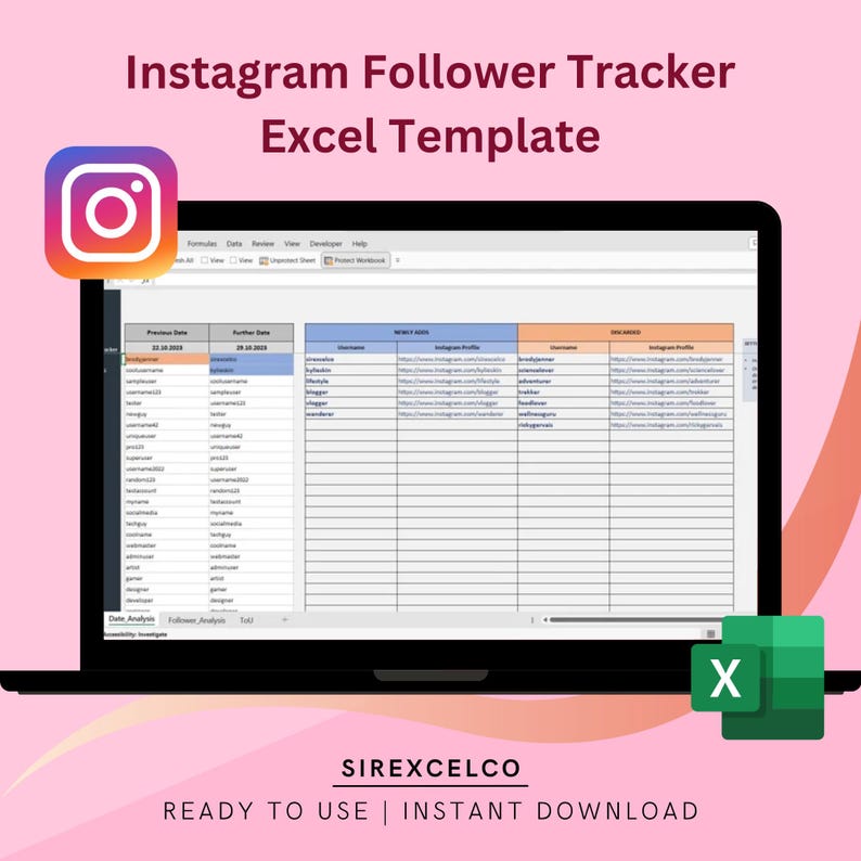 Instagram Profile Tracker Excel Template | Who Unfollowed You on ...
