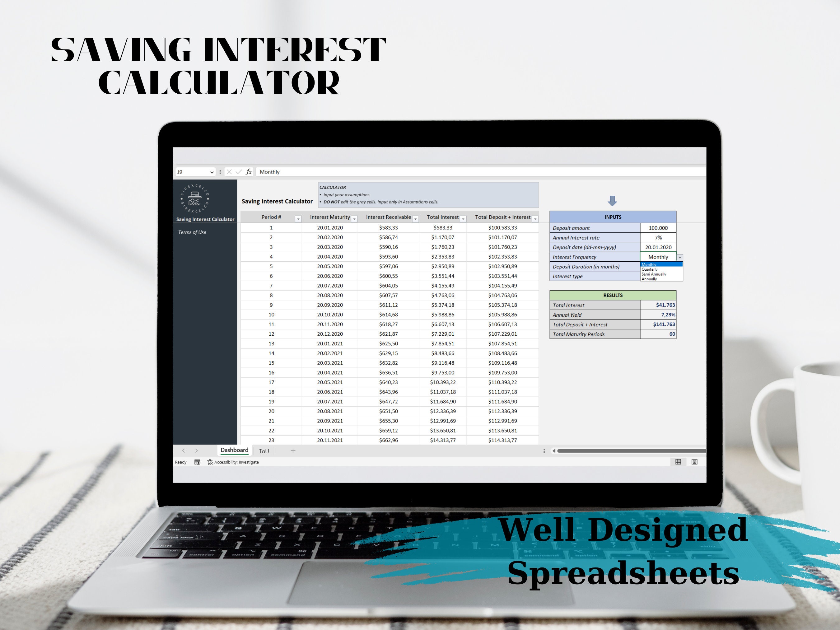 Dynamic Deposit Interest Calculator Excel Template | Easy-to-use Simple ...