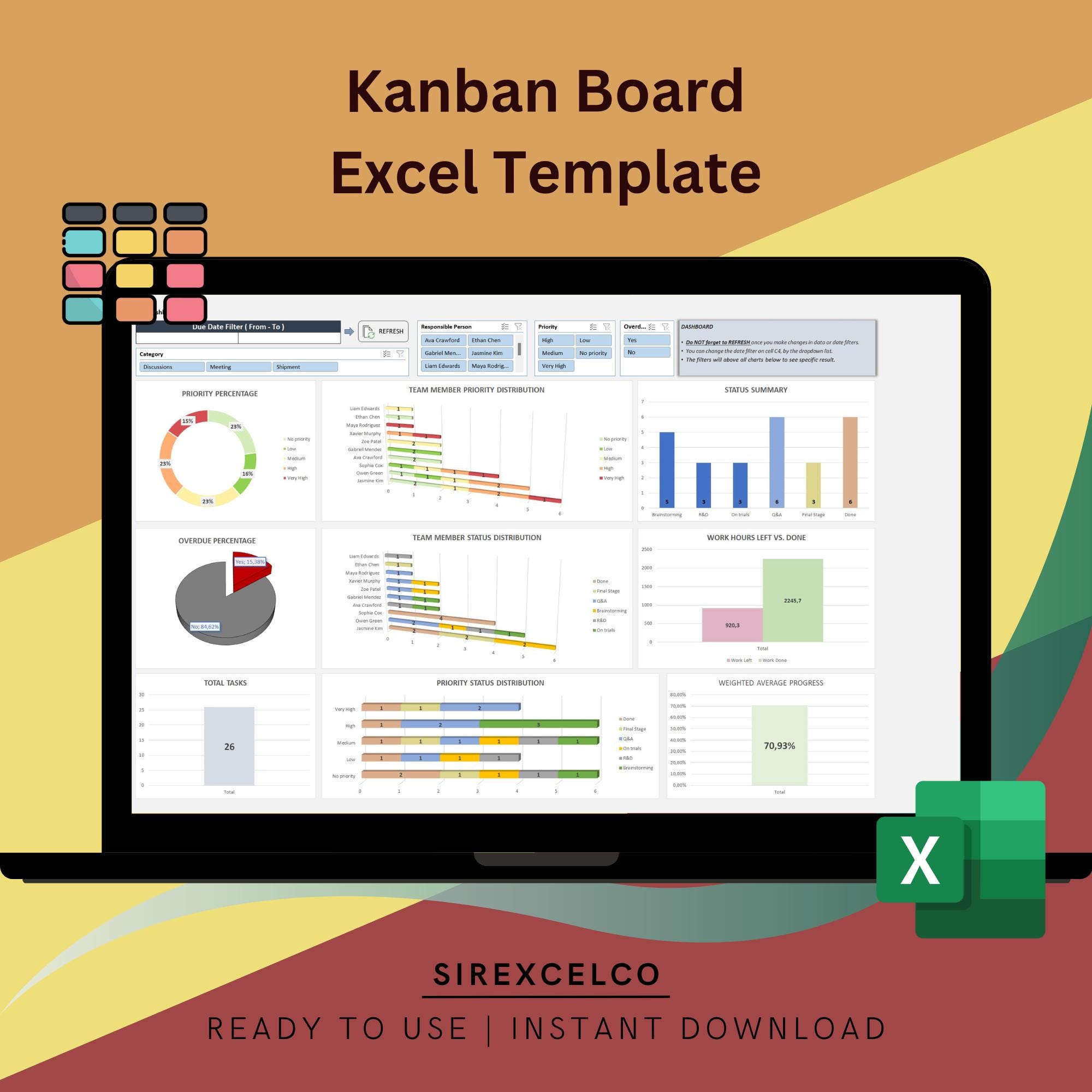 Dynamic Kanban Board Excel Template for Team Workflow Management | Easy ...