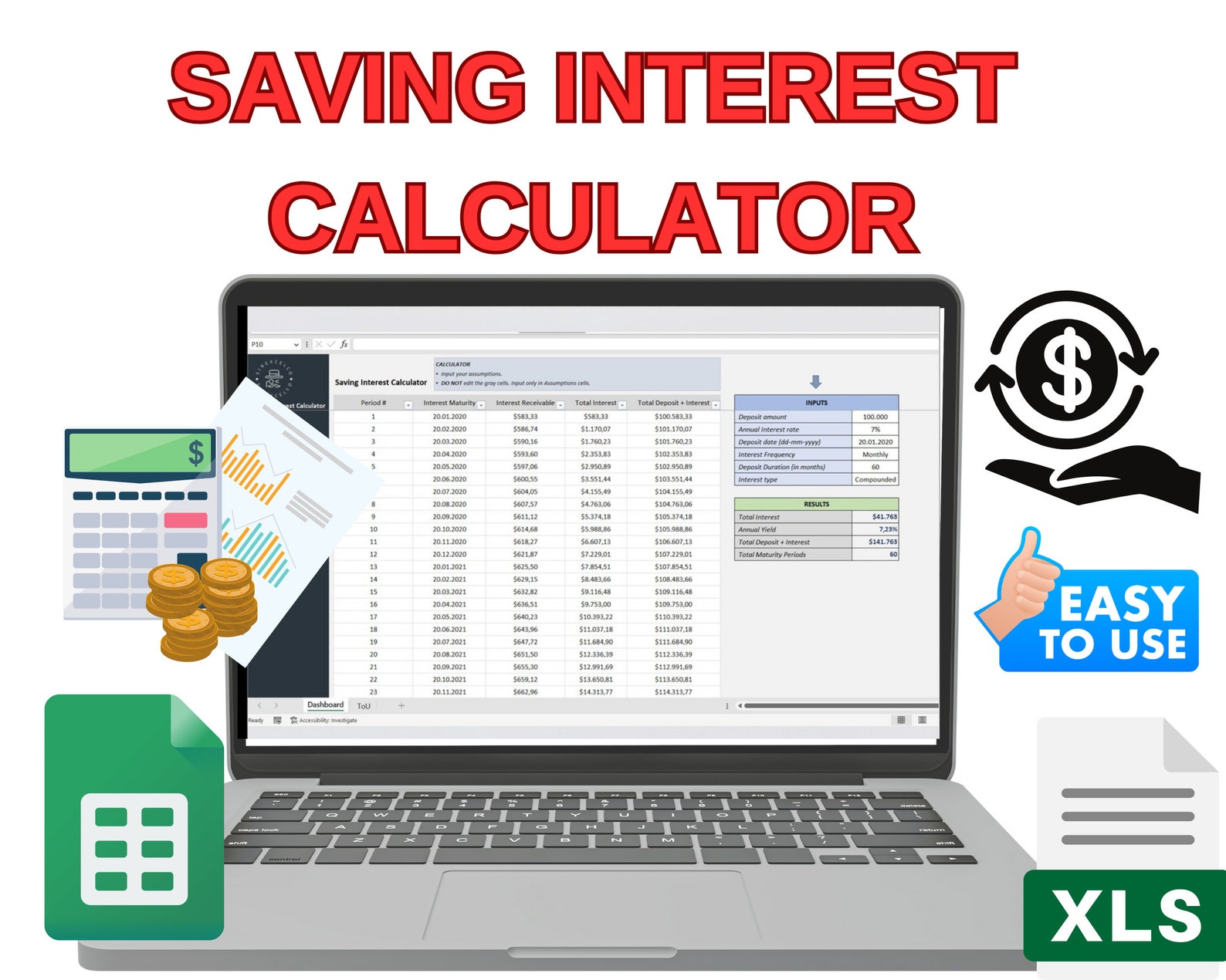 Dynamic Deposit Interest Calculator Excel Template | Easy-to-use Simple ...