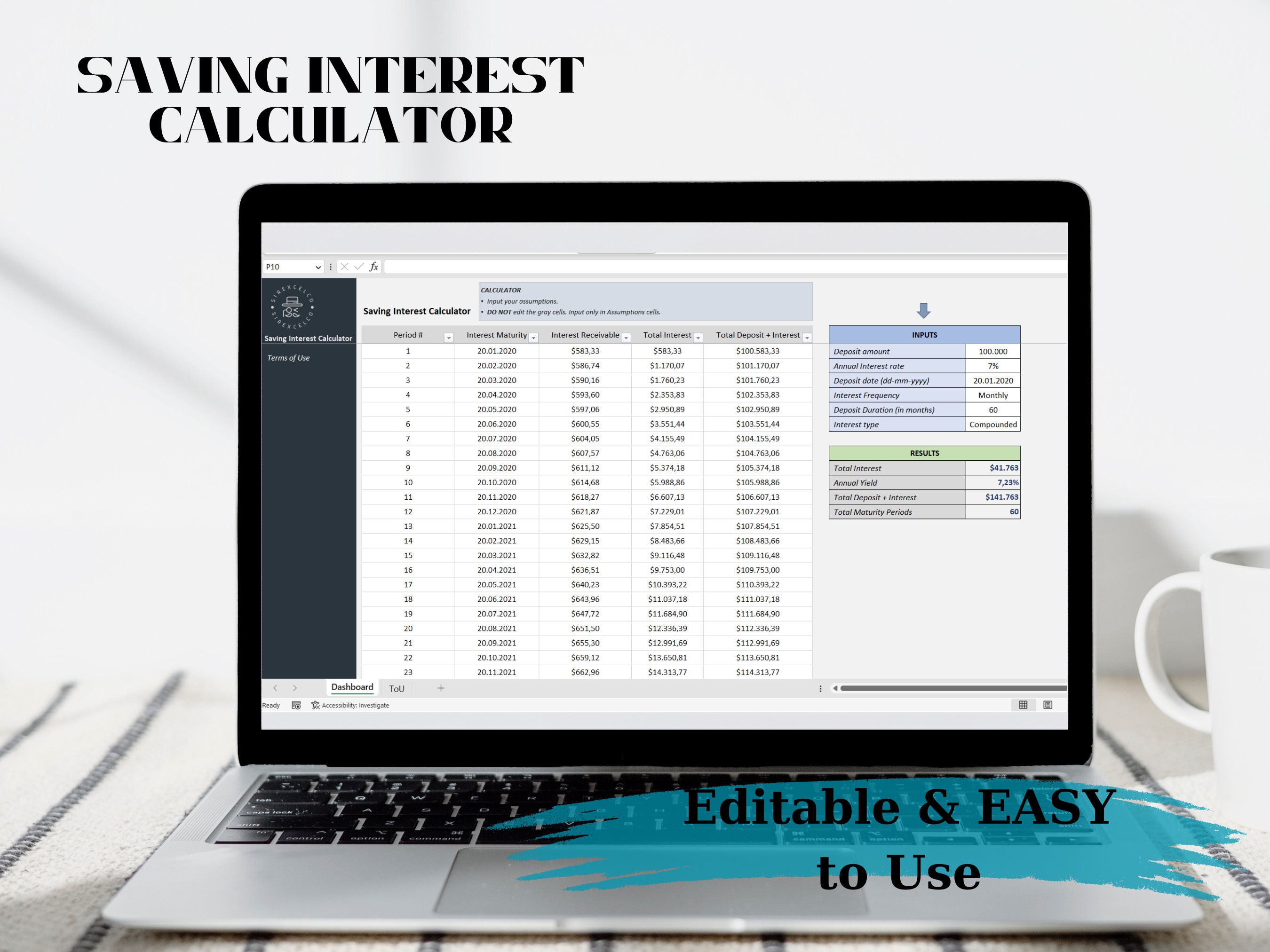 Dynamic Deposit Interest Calculator Excel Template | Easy-to-use Simple ...