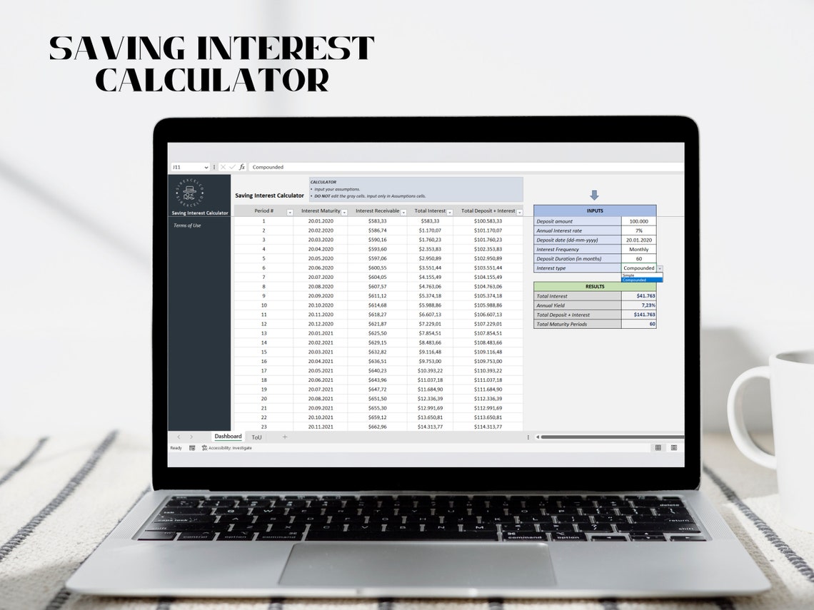 Dynamic Deposit Interest Calculator Excel Template | Easy-to-use Simple ...