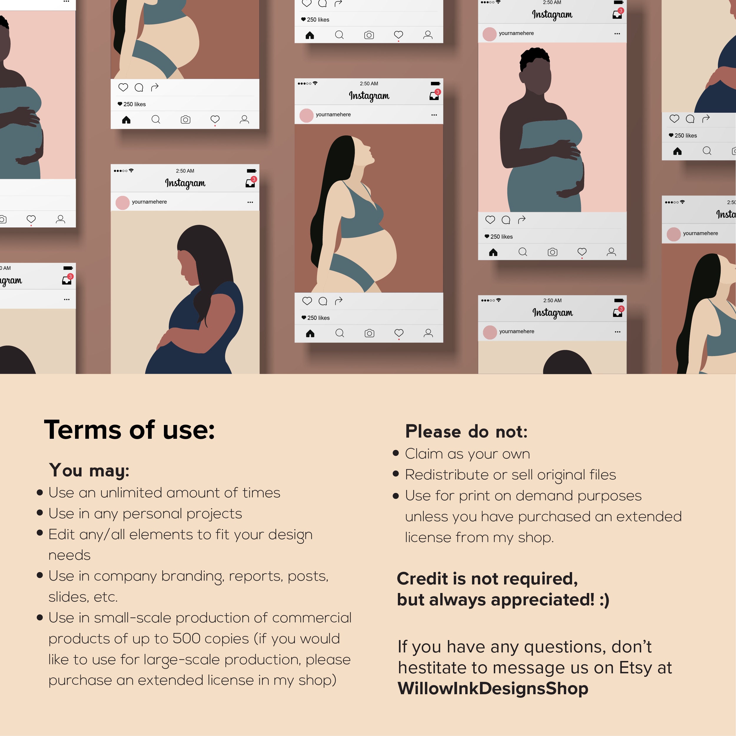 Pregnancy Vector Illustrations DIGITAL DOWNLOAD Editable Pregnant Women ...