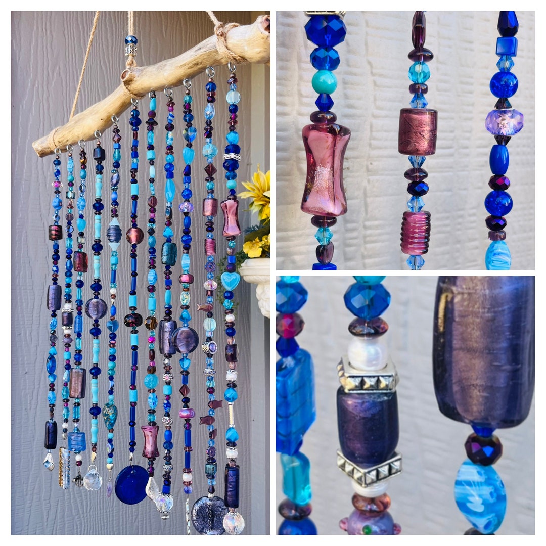 Boho Blue & Purple Glass Bead Curtain HANDMADE Wall Hanging 11 Strands ...
