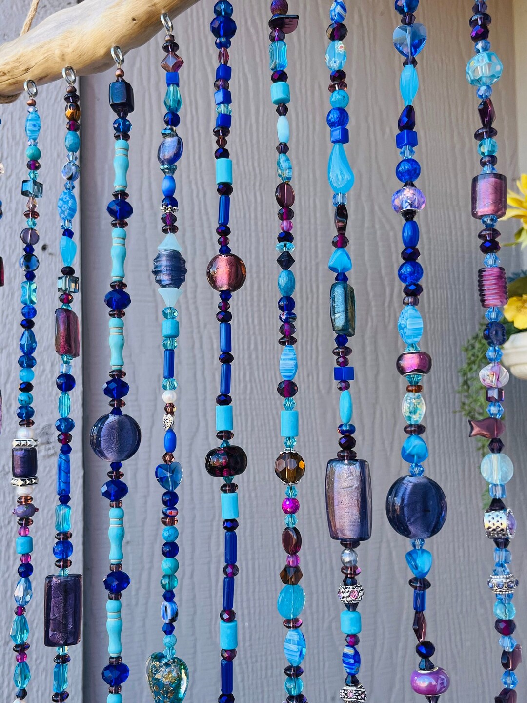 Boho Blue & Purple Glass Bead Curtain HANDMADE Wall Hanging 11 Strands ...
