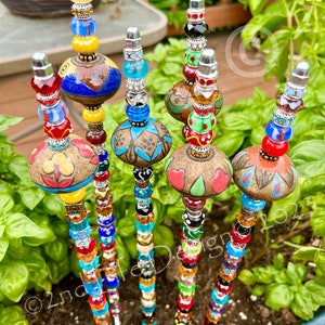 18" Boho Colorful Plant Stake Hand Painted India Ceramic Bulbs/glass ...
