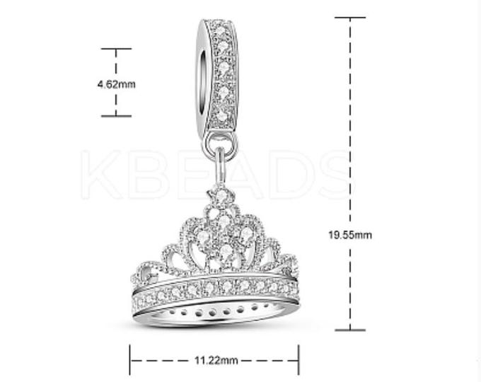 STERLING SILVER Princess Crown Tiara Dangle Charm CZ Stones Solid 925 ...