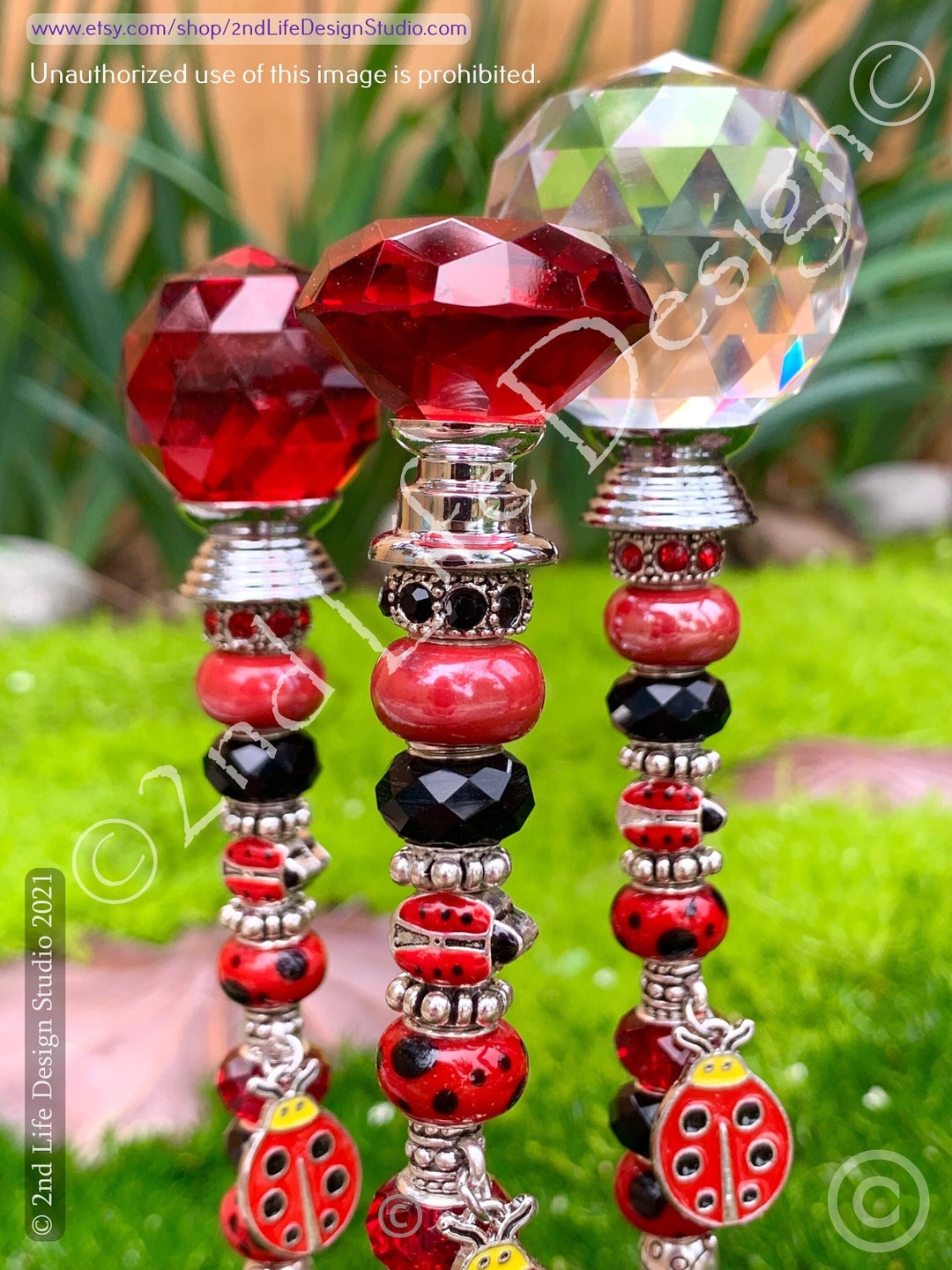 Ladybug Garden Stake + BONUS Ladybug Magnet - Beaded Fairy Garden Wand ...