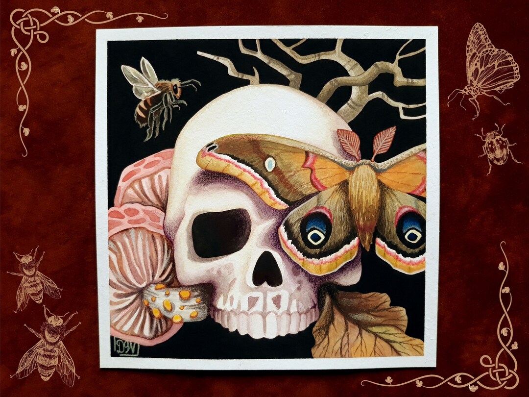 Skull With Polyphemus Moth Watercolor Art Print - Illustration Gothic ...