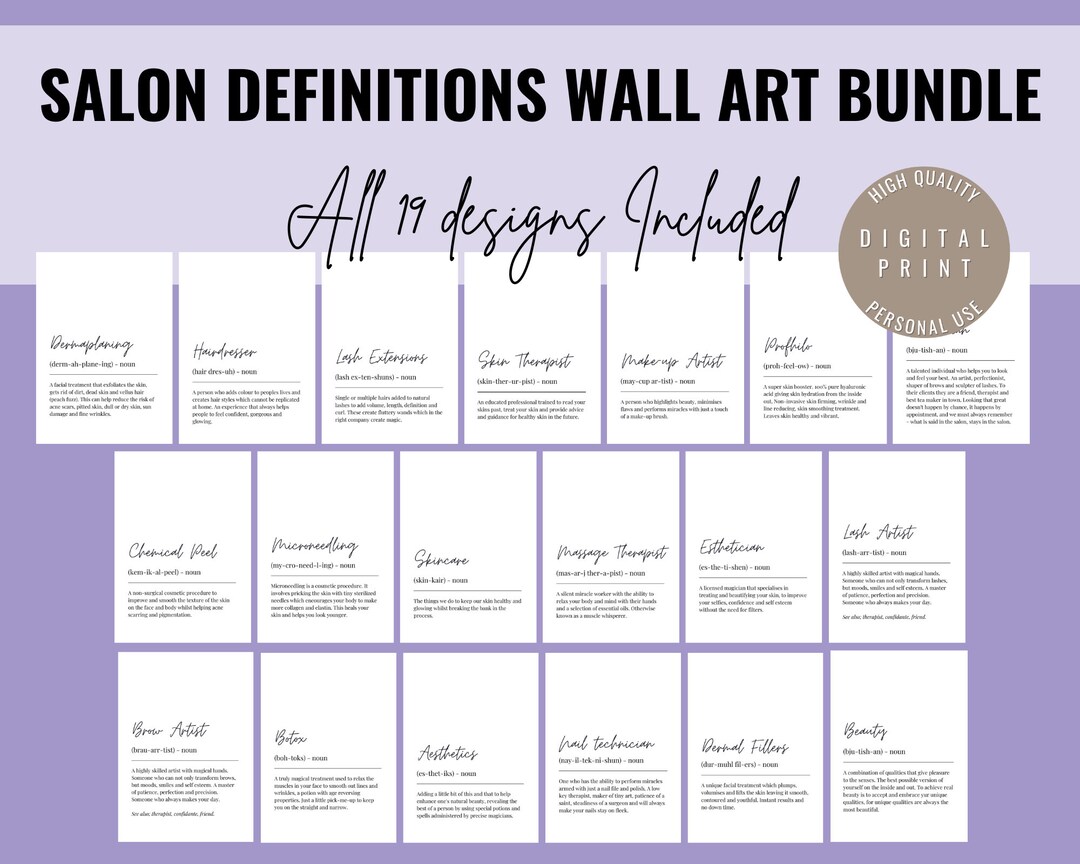 Salon Definition Wall Art Bundle, Aesthetician Wall Decor, Beauty Salon ...