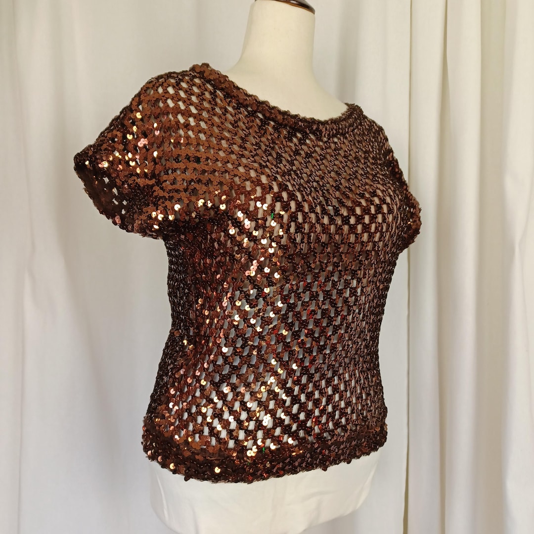 Vintage 70s Copper Bronze Sequined Mesh Disco Top, Medium, Toppettes by ...