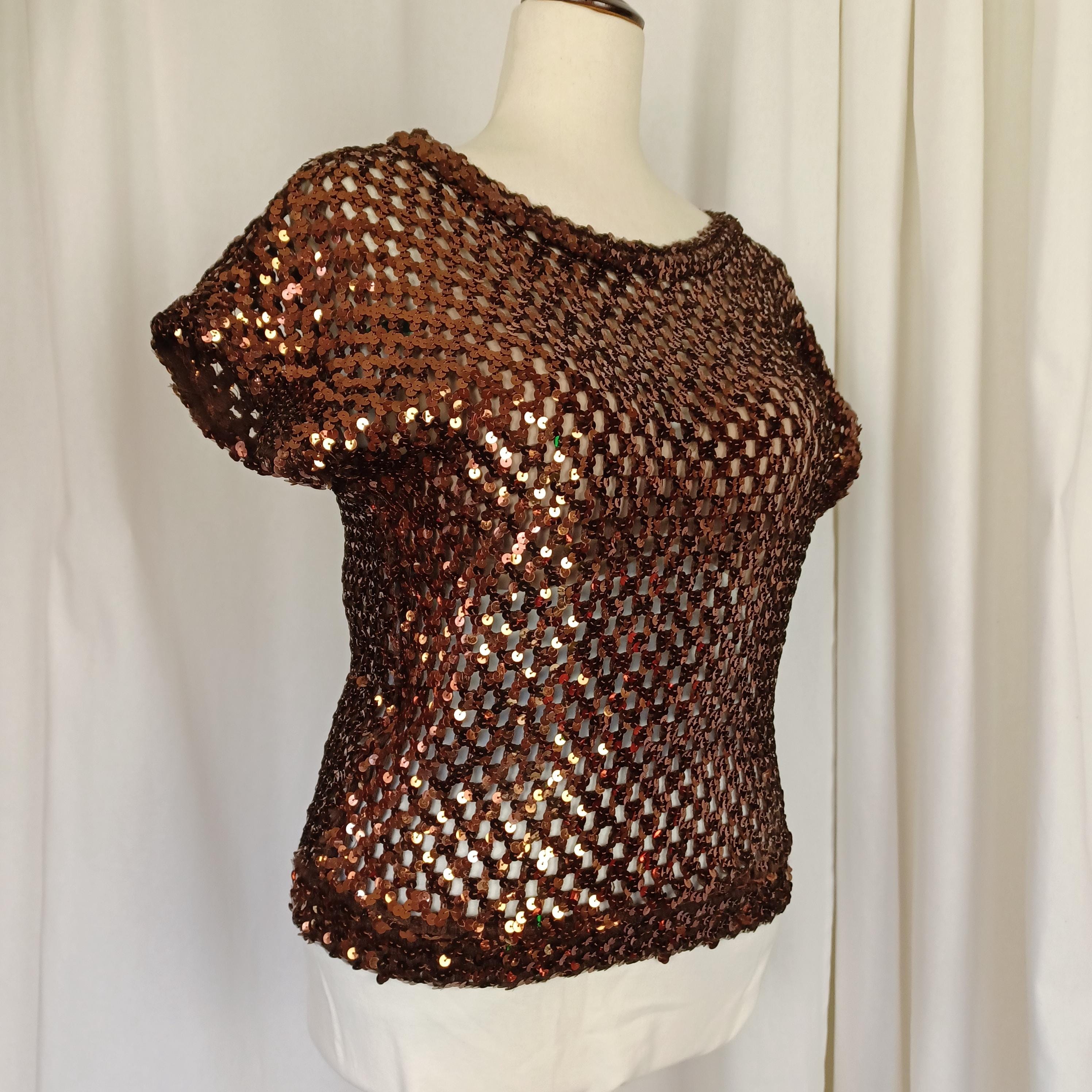 Vintage 70s Copper Bronze Sequined Mesh Disco Top, Medium, Toppettes by ...