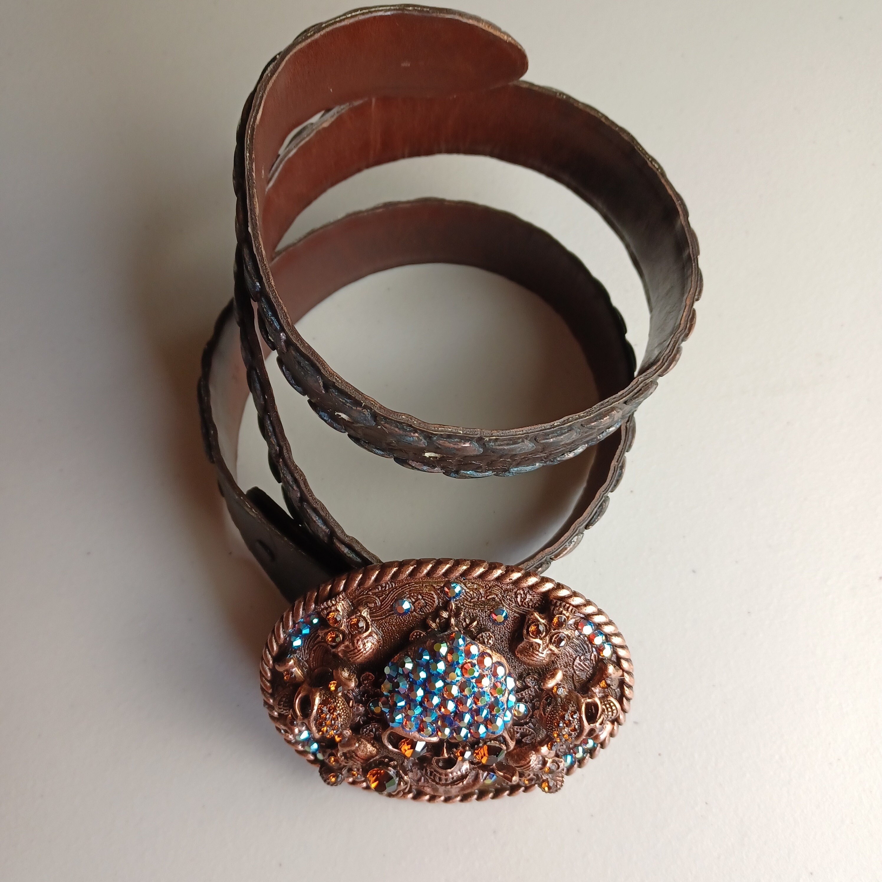 Y2K Vintage Jeweled Copper Skulls Leather Belt, Size 36, up to 41 ...
