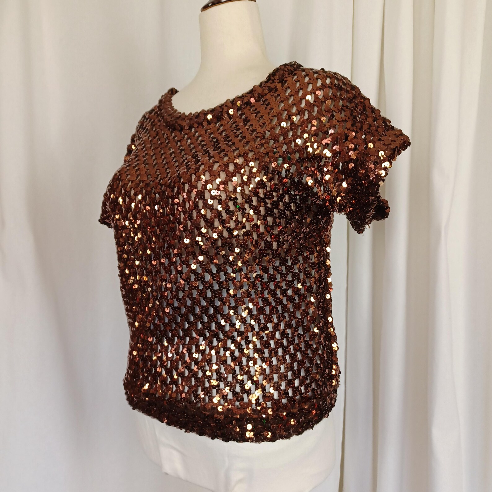 Vintage 70s Copper Bronze Sequined Mesh Disco Top, Medium, Toppettes by ...