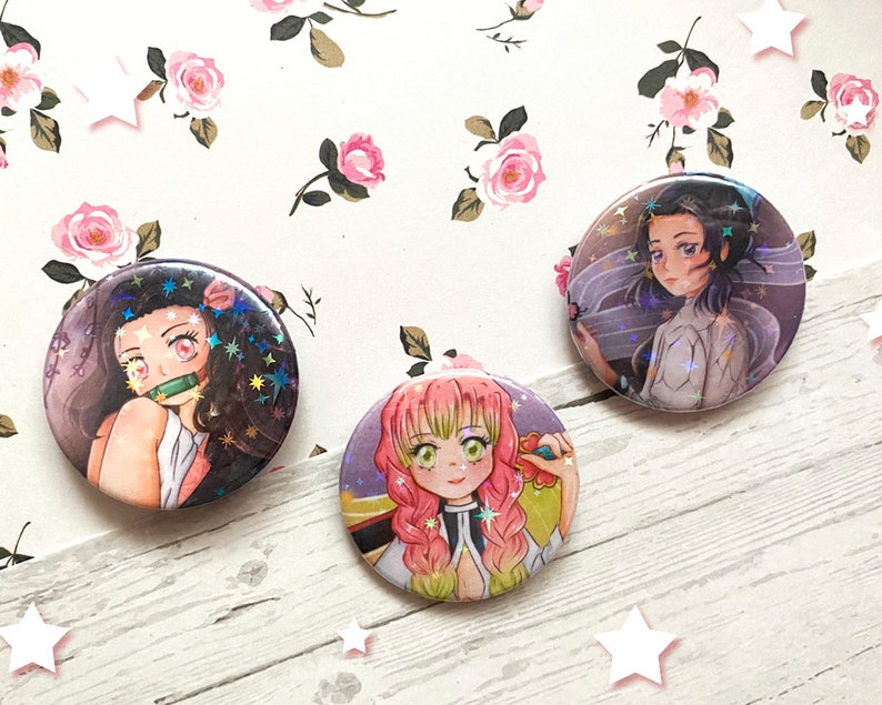 Demon Girls Pin Button | Kny | Handmade Holo Badge | Desgin by Evenstar ...