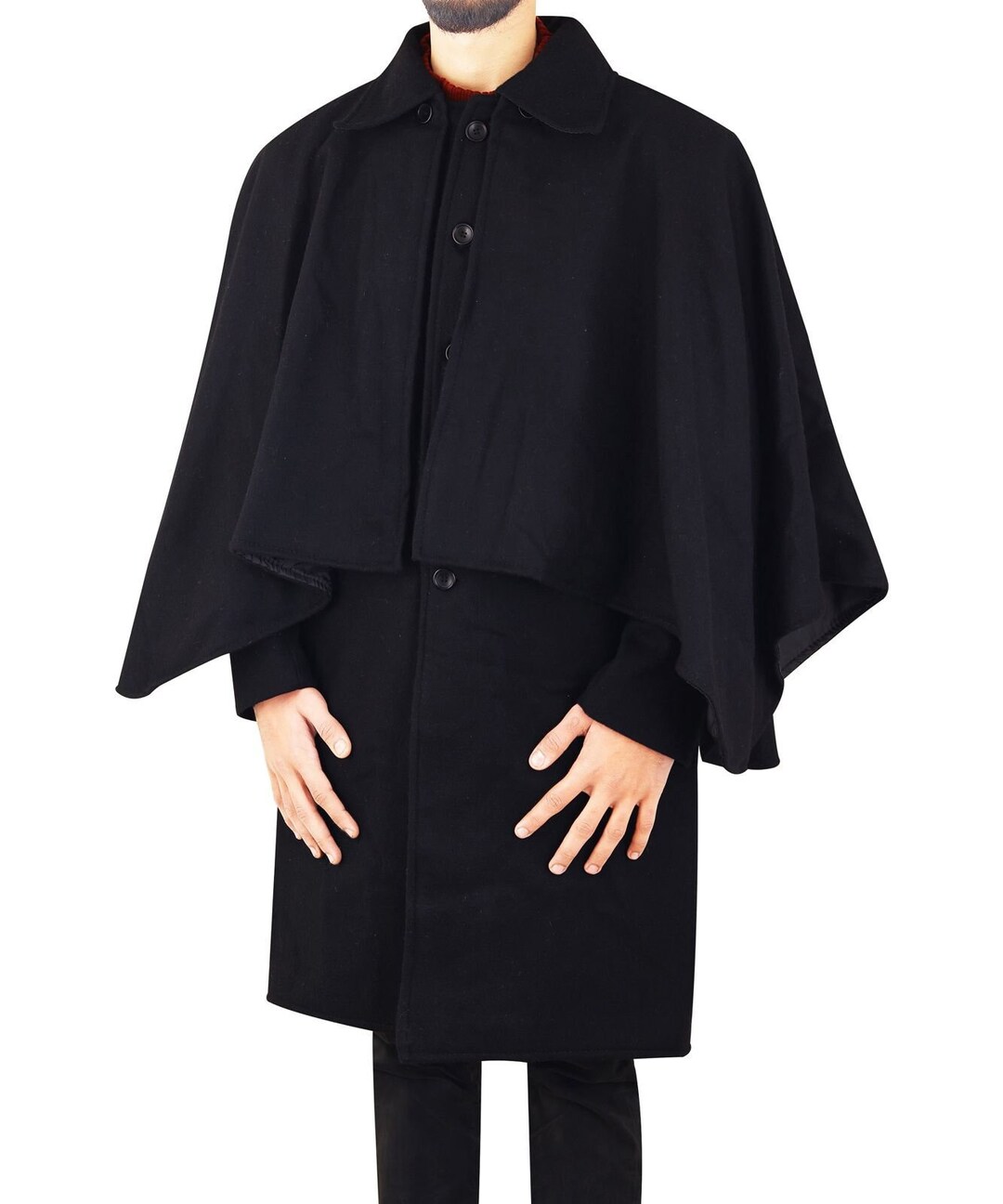 Men's Black Inverness Cape, Black Wool Men's Long Sleeves Christmas ...