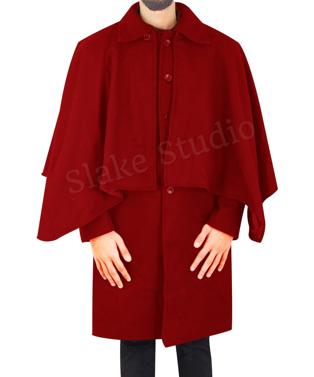 Men's Inverness Cape, Ulster Cape Coat Red Wool Men's Long Sleeves ...