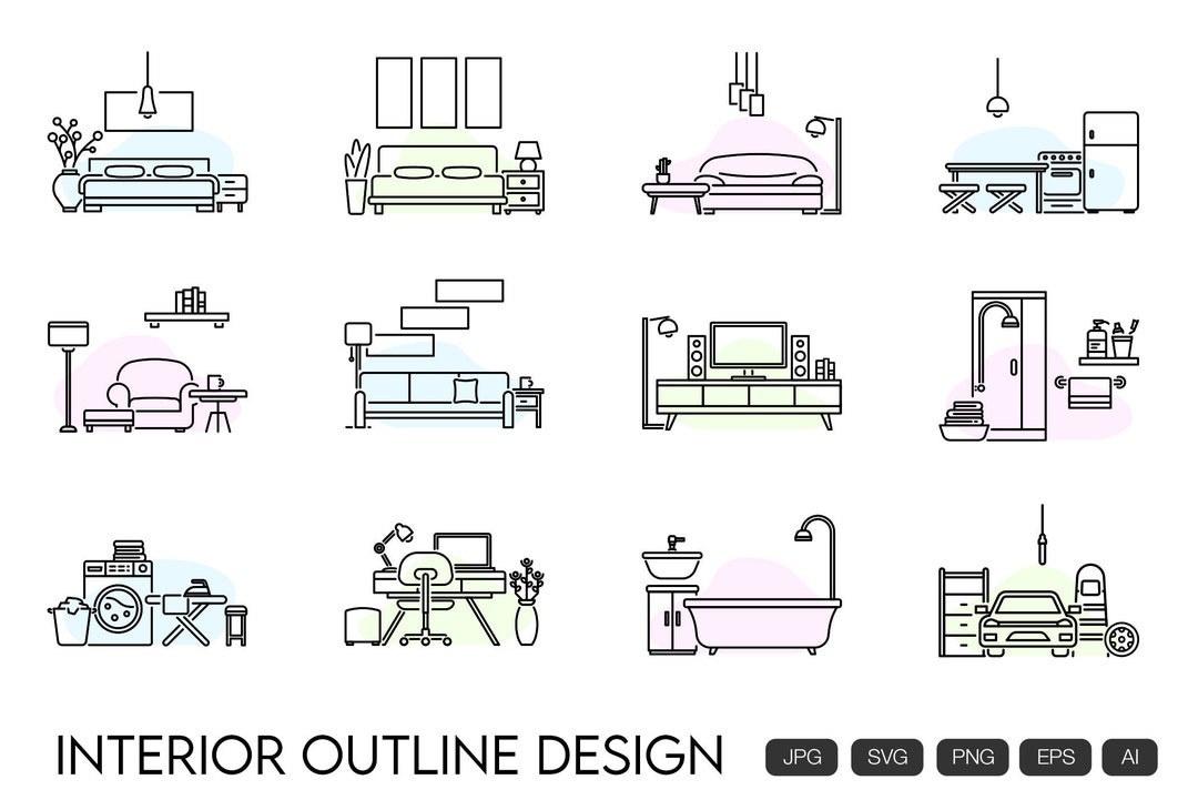 Furniture Room Interior Outline Icon SVG JPG PNG Digital Download 12 ...