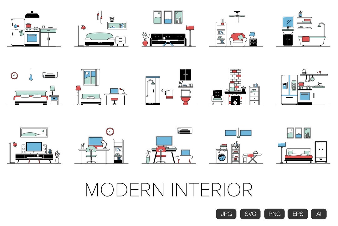 Modern Interior Design Icon SVG JPG PNG Digital Download 15 Furniture ...