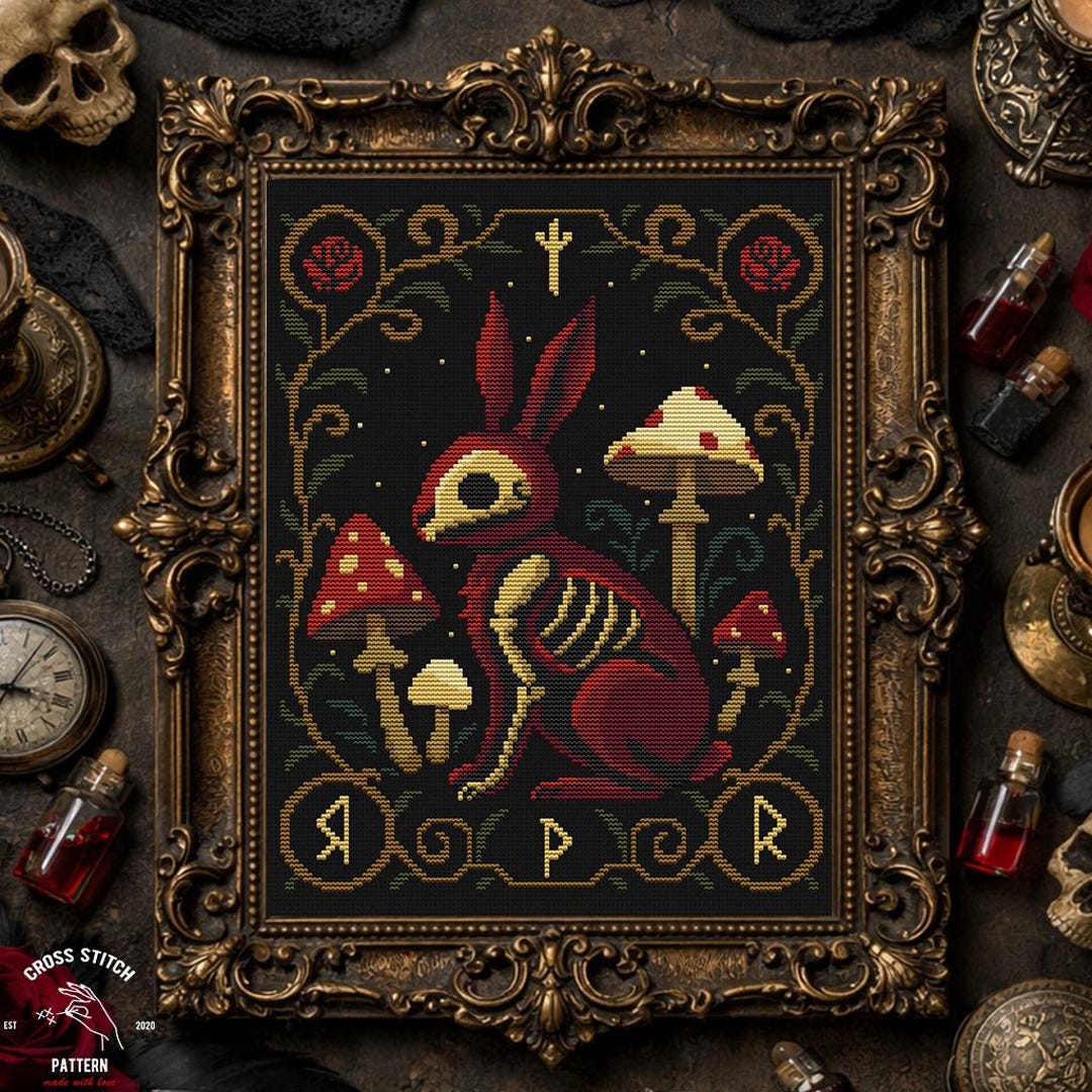 Skeleton Rabbit Cross Stitch Pattern Mushroom Gothic Cross Stitch ...