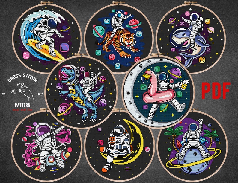 SET OF 8 Astronaut Cross Stitch Pattern Space Theme Embroidery | Etsy
