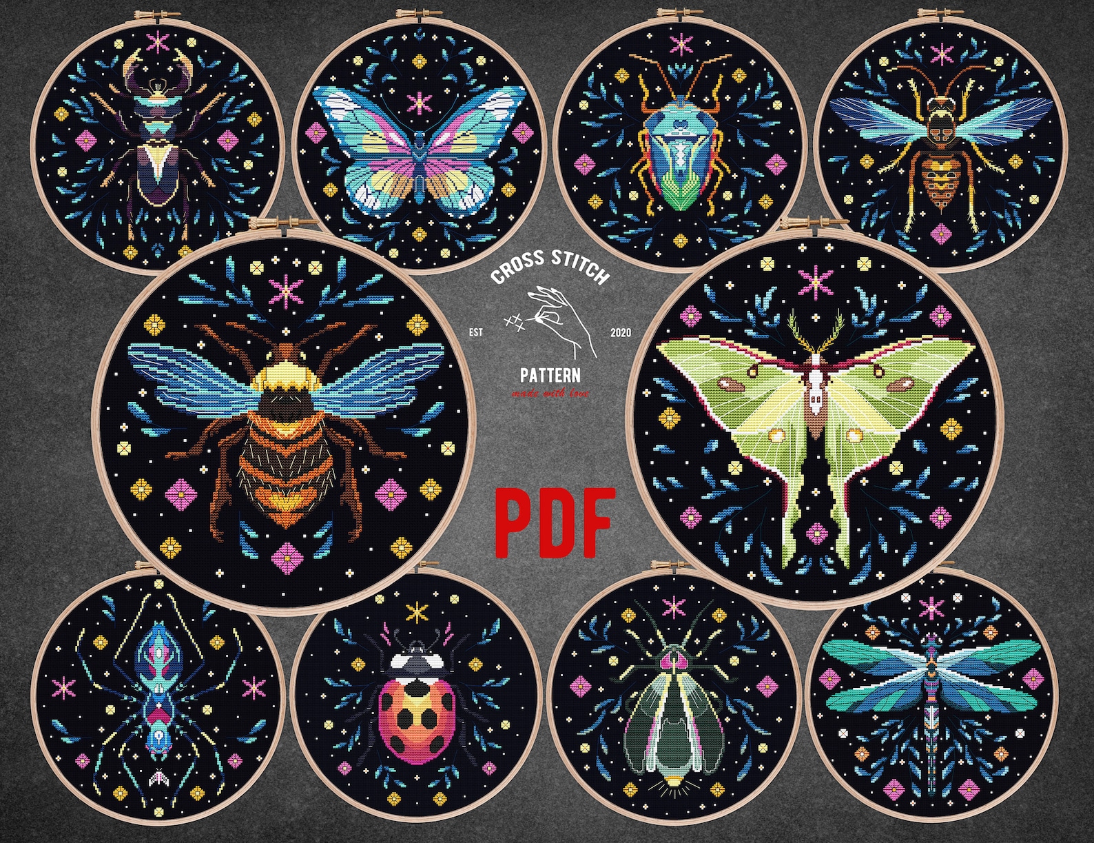 Set Insect Cross Stitch Pattern Floral Modern Embroidery Bee - Etsy