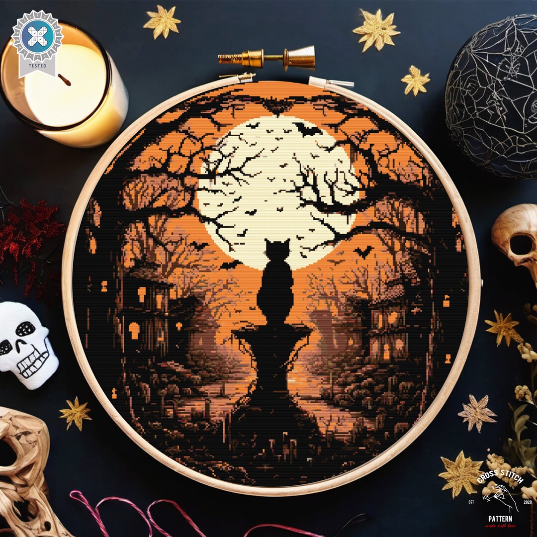 Black Cat Halloween Cross Stitch Pattern Spooky Cross Stitch Bat Cross ...