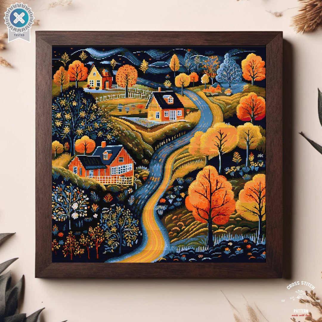 Village Houses Cross Stitch Pattern Colorful Autumn Countryside Nature ...
