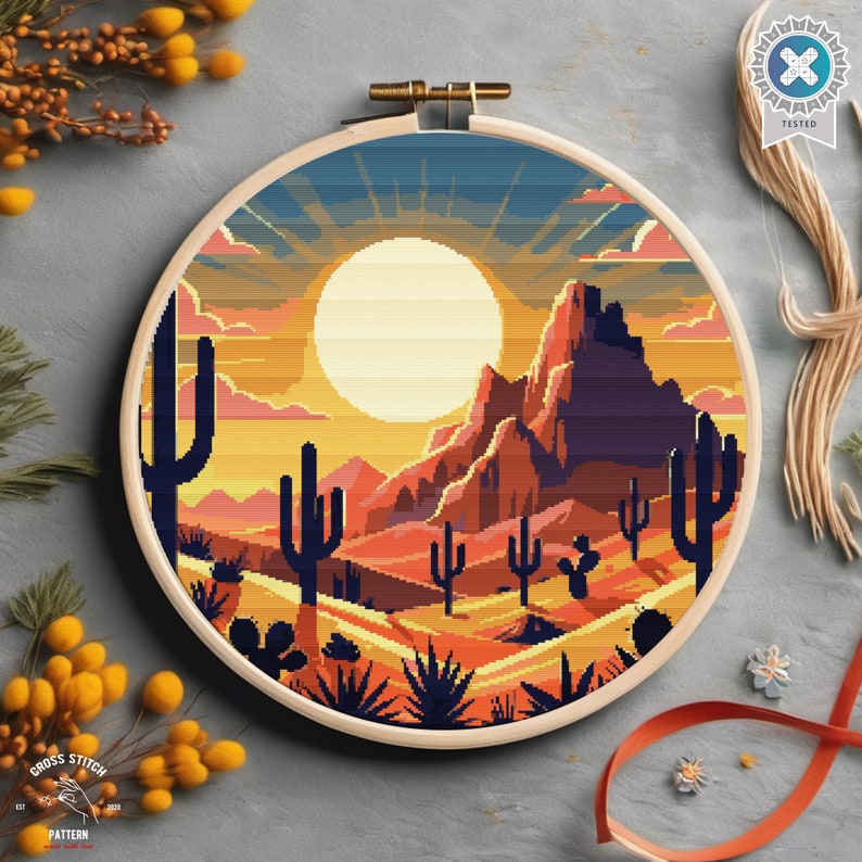 Cactus Cross Stitch Pattern Sunset in Desert Cross Stitch Mountain ...