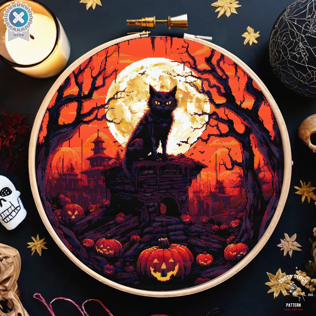 Black Cat Halloween Cross Stitch Pattern Spooky Cross Stitch Pumpkin ...