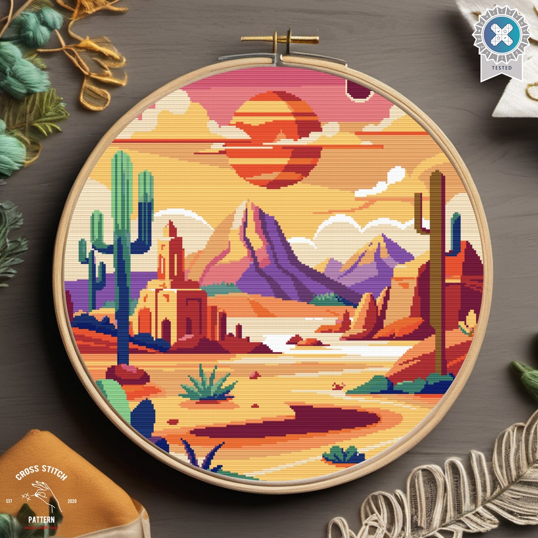 Desert Sunset Cross Stitch Pattern Cactus Cross Stitch Mountain Nature ...