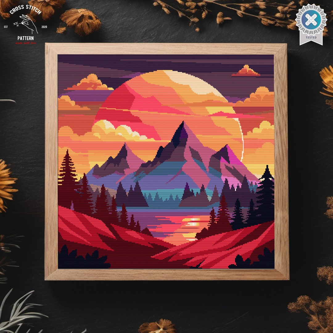 Mountain Cross Stitch Pattern Full Moon Cross Stitch Nature Counted ...
