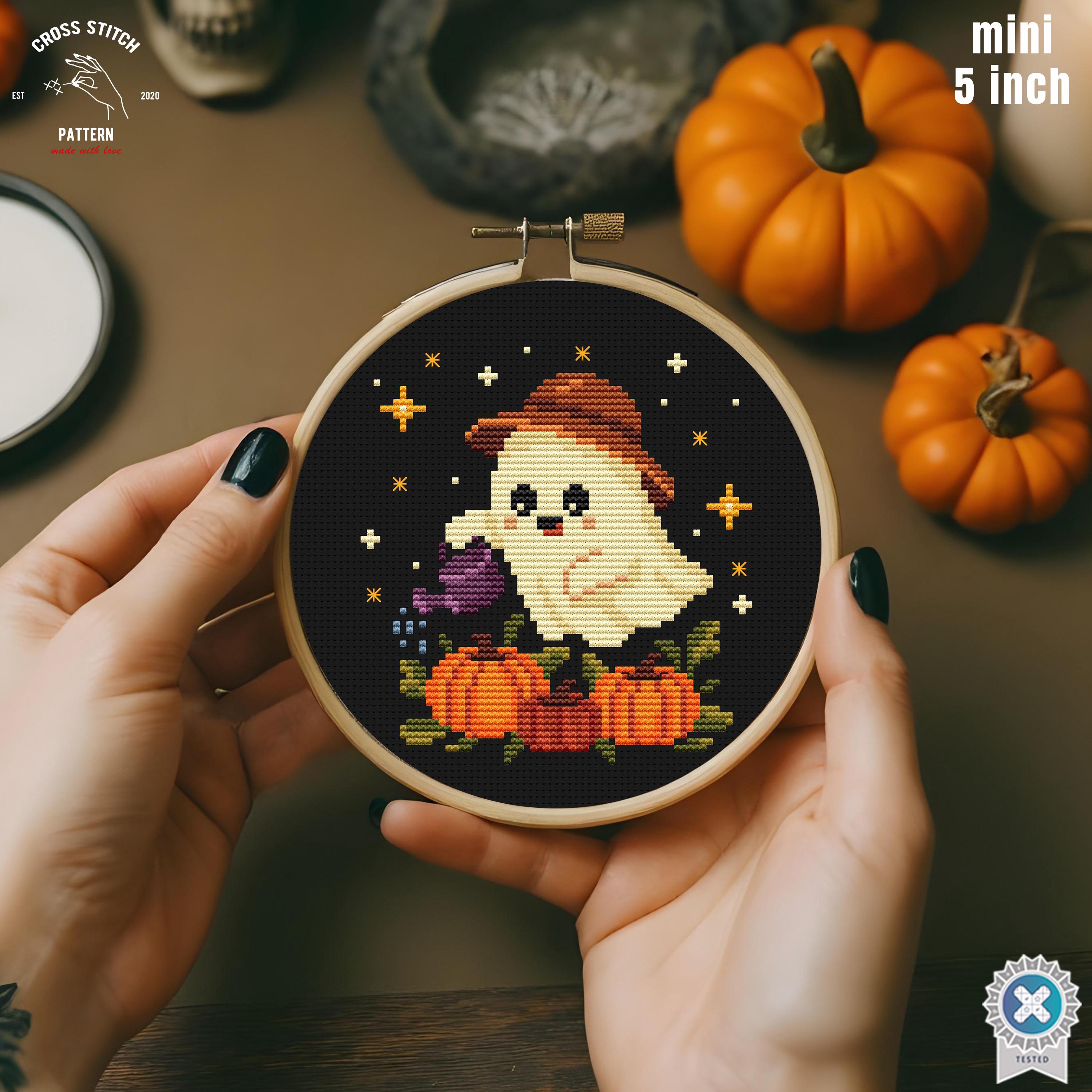 Tiny Halloween Cross Stitch Pattern Funny Ghost Grows Pumpkins Creepy ...