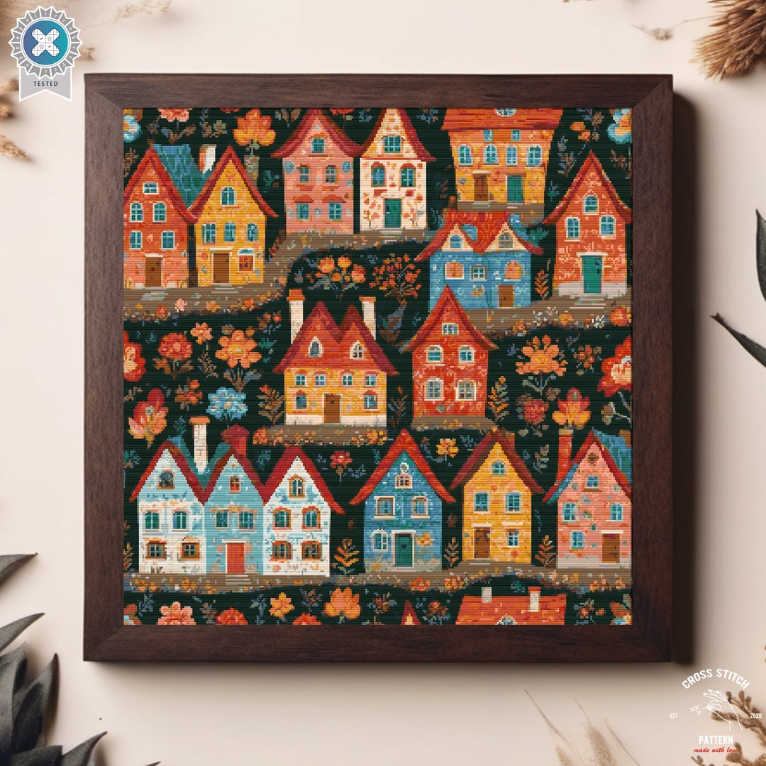 Village Cross Stitch Pattern Colorful Houses Folk Art Town Countryside ...
