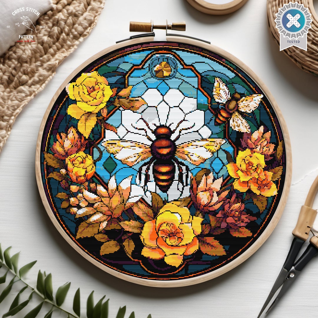 Stained Glass Bee Cross Stitch Pattern Moth Modern Floral Cross Stitch ...