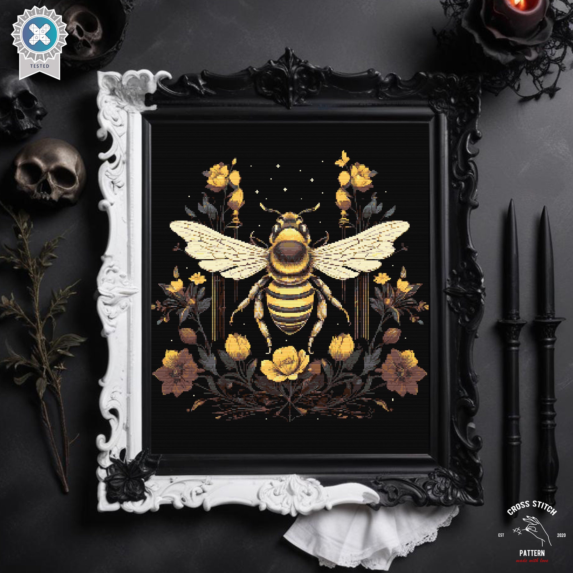 Gothic Bee Cross Stitch Pattern Witchy Cross Stitch Moth Modern Floral ...
