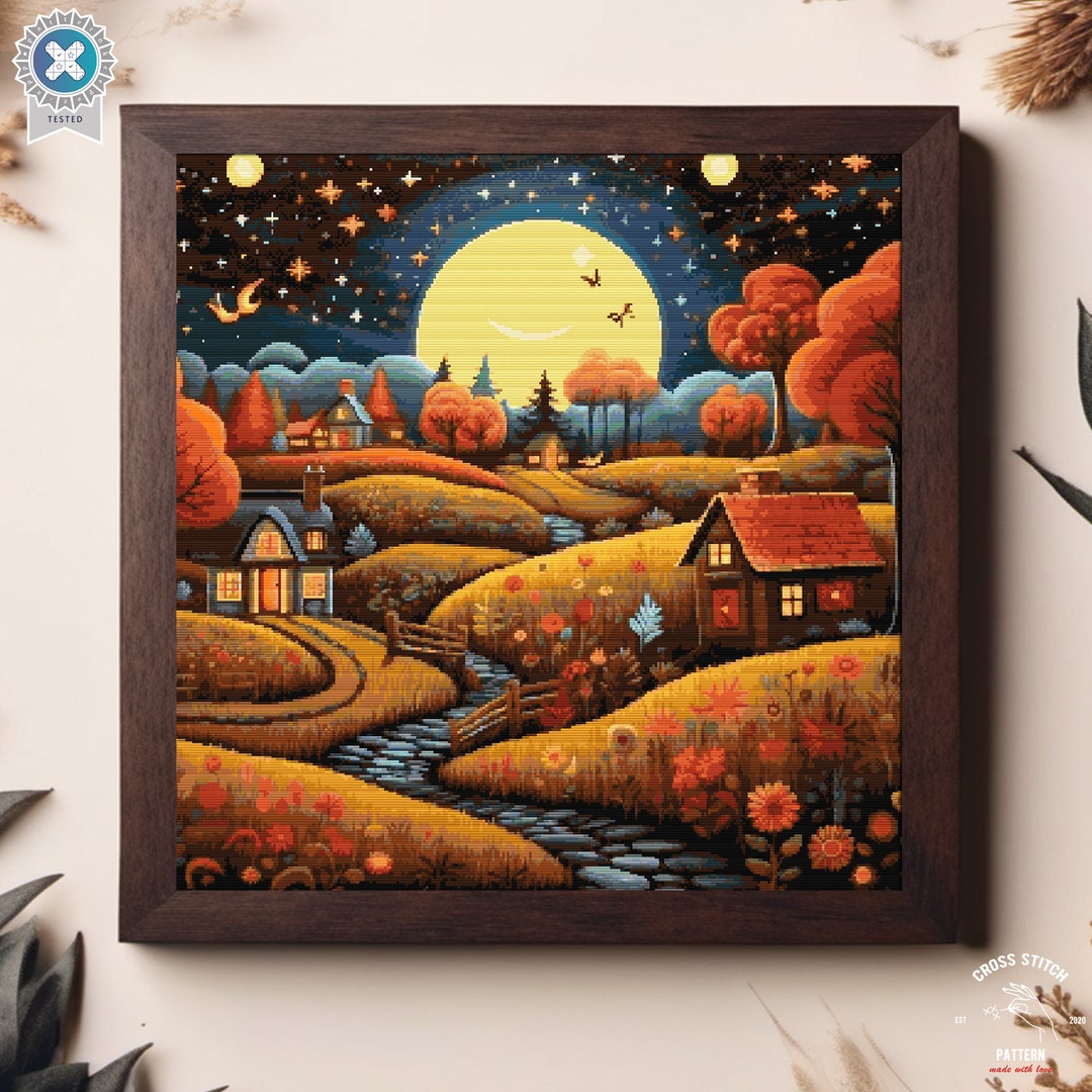Village Houses Cross Stitch Pattern Colorful Autumn Countryside Starry ...