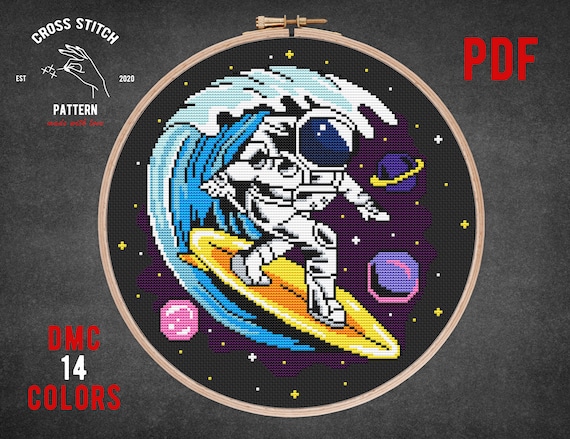 Space galaxy theme cross stitch Astronaut on surfboard cross | Etsy