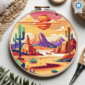 Desert Sunset Cross Stitch Pattern Cactus Cross Stitch Mountain Nature ...