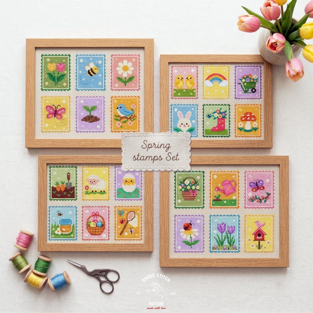 24 Spring Stamp Cross Stitch Pattern Set, Garden Bunny Bee Chick Flower ...
