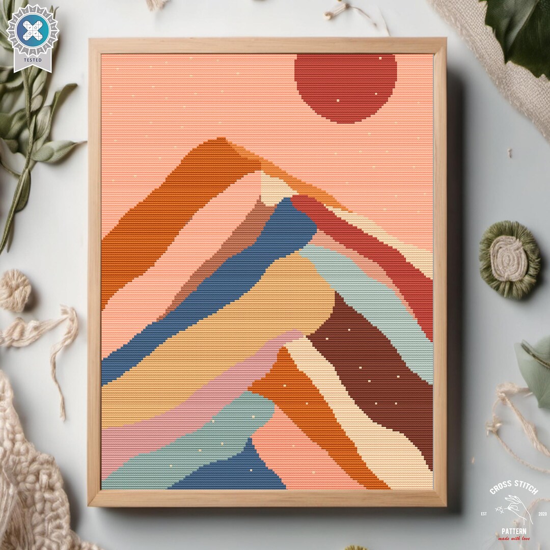 Mountain Cross Stitch Pattern, Sunset Landscape Design, Modern Nature ...