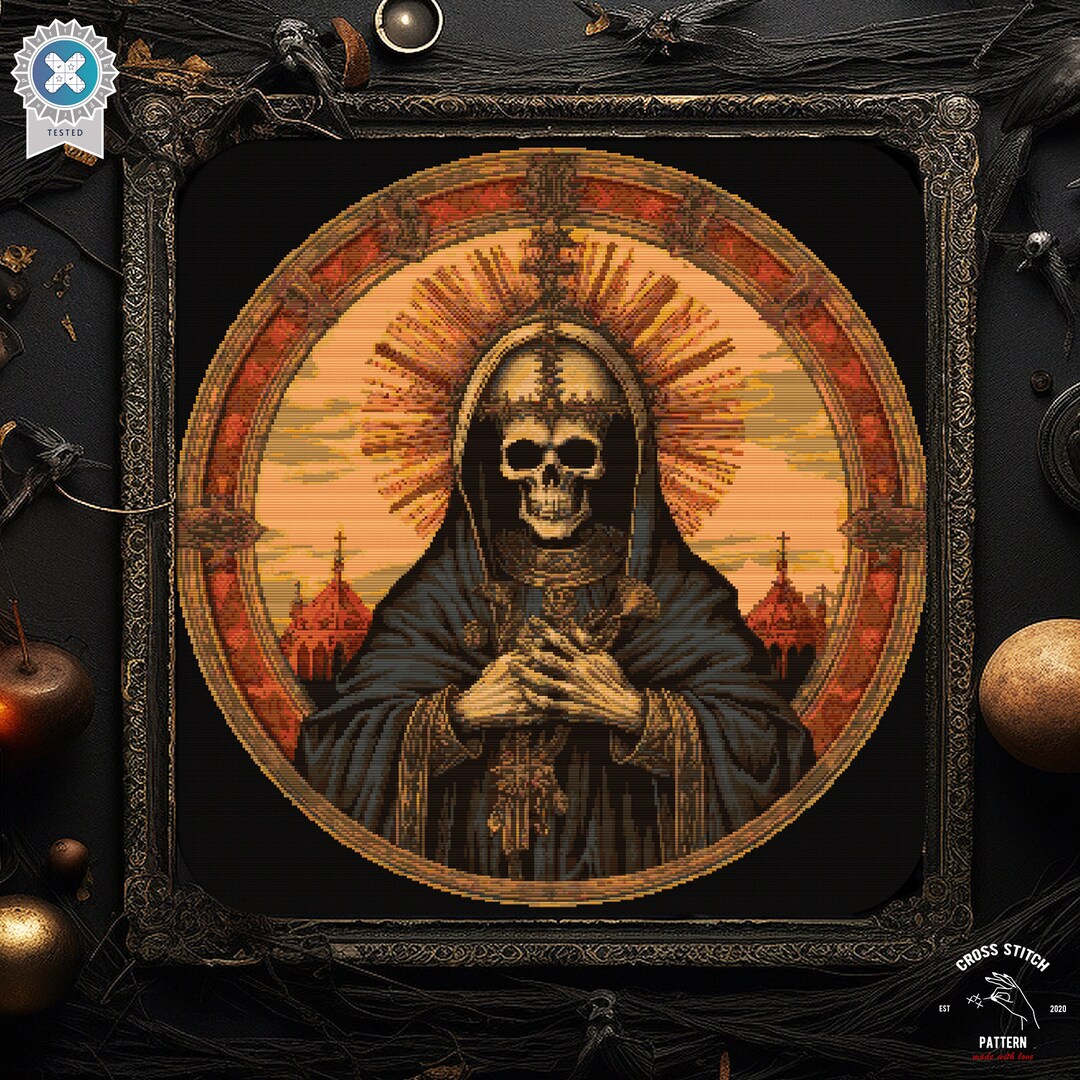 Skull Monk Cross Stitch Pattern Skeleton Medieval Gothic Embroidery ...