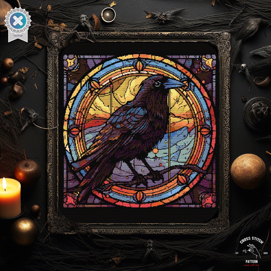 Stained Glass Raven Cross Stitch Pattern Gothic Crow Cross Stitch ...