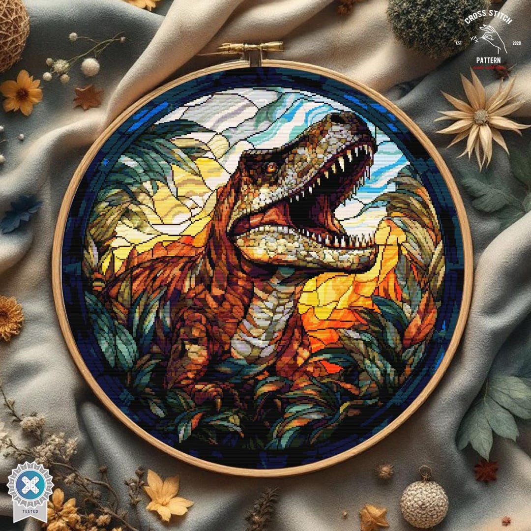 Dinosaur Cross Stitch Pattern T Rex Cross Stitch Tyrannosaurus Stained ...