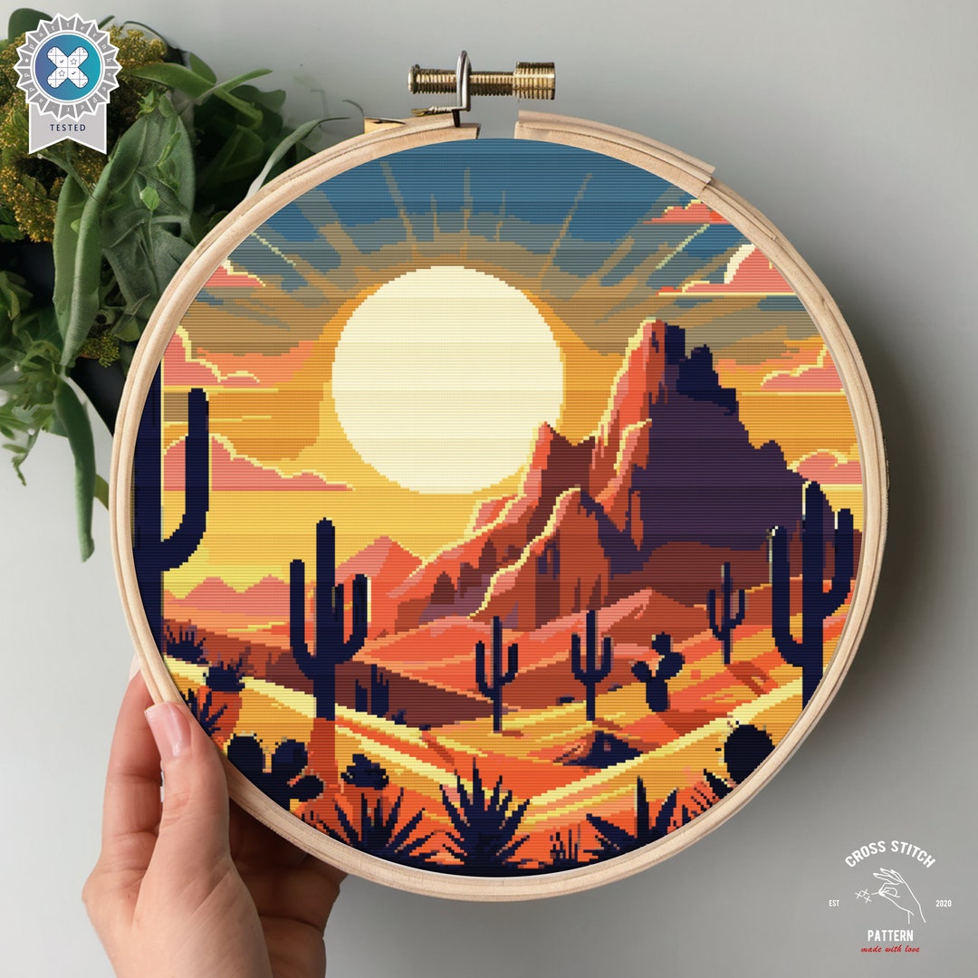 Cactus Cross Stitch Pattern Sunset in Desert Cross Stitch Mountain ...